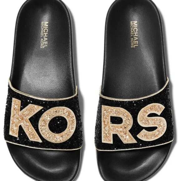 Michael Kors | Shoes | Michael Kors Gilmore Black Gold Glitter Slides ...